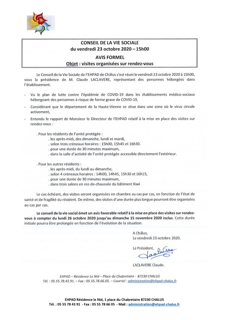 Information importante !!! - EHPAD de Châlus - Résidence le Nid