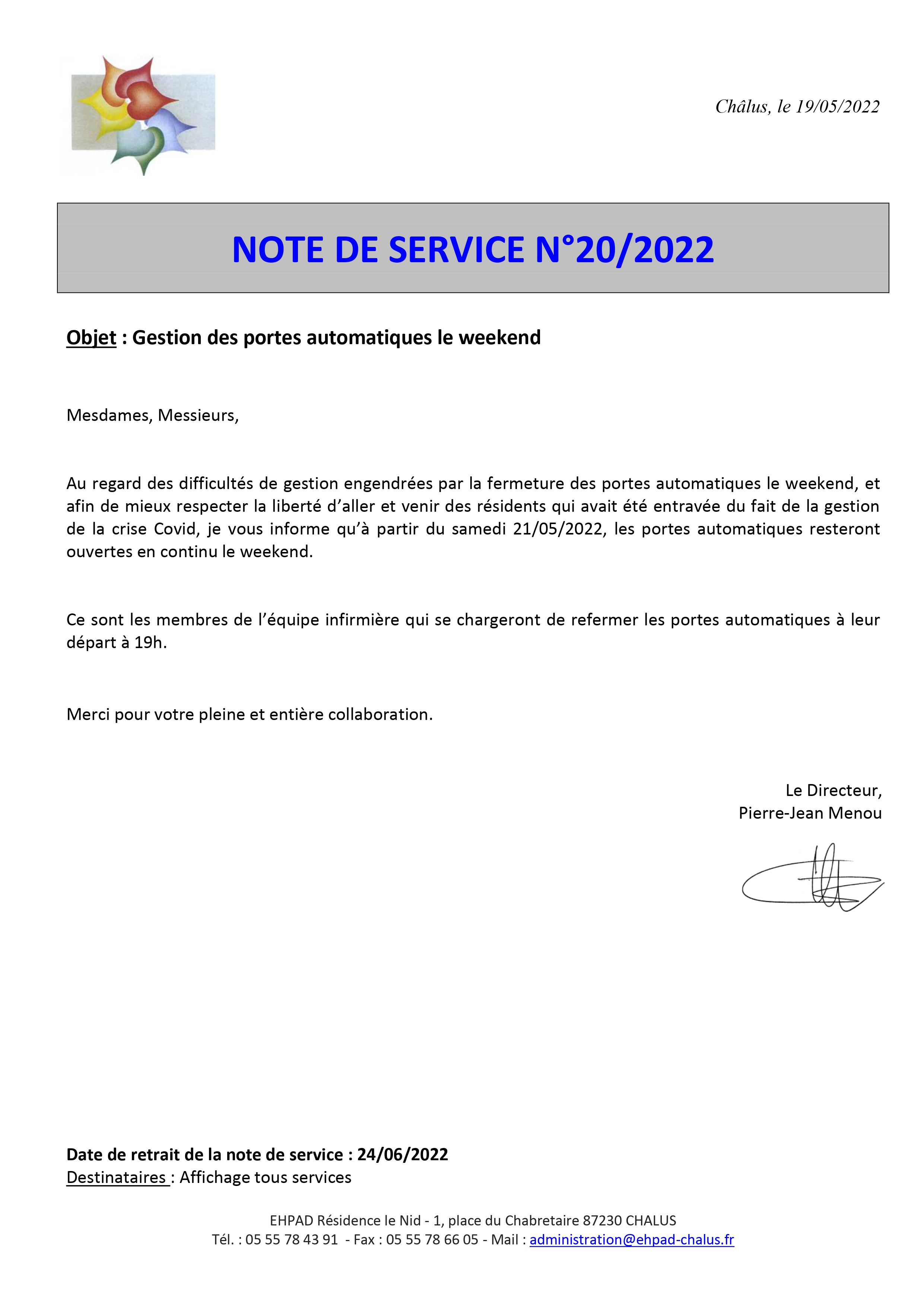 19.05 - Châlus - Note de service 20 - EHPAD de Châlus - Résidence le Nid